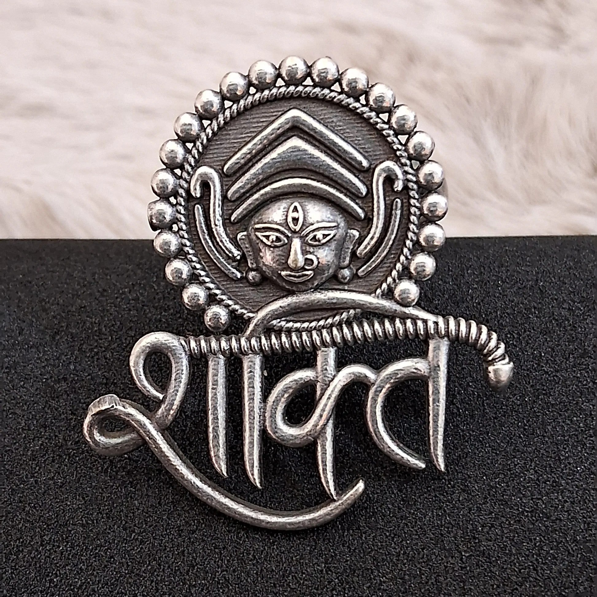 Silver-Plated Oxidised Maa Durga Shakti Finger Ring – Masakali.com