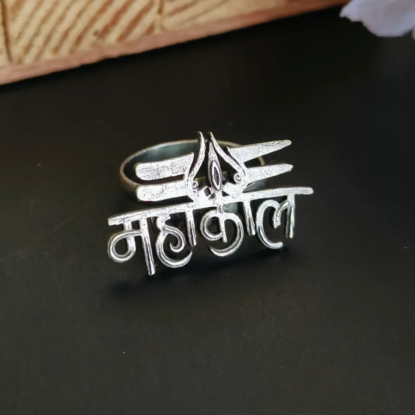Silver Oxidised Mahakal Engraved Trishul Adjustable Ring – Masakali.com